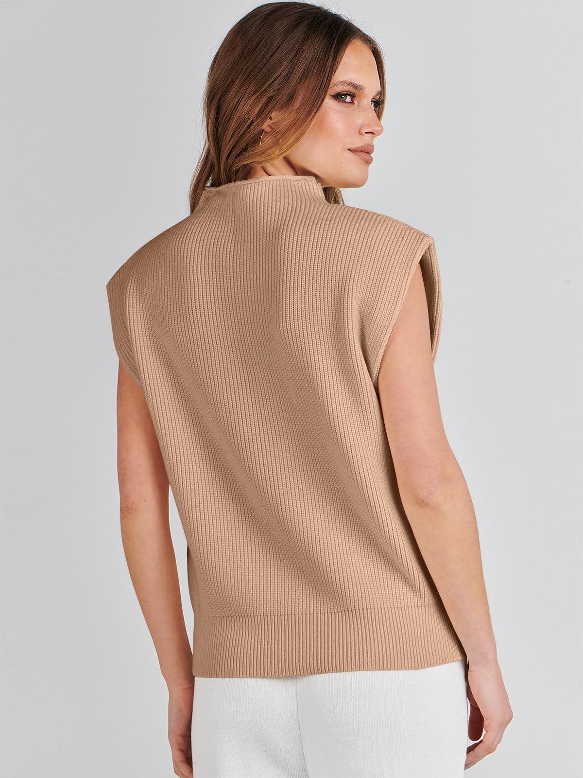 LOGENE Women's Sweater Vest Sleeveless Mock Neck Tank Top Ribbed Knit Cap Sleeve Pullover Sweaters 2023 Fall Trendy Clothes apricot Medium