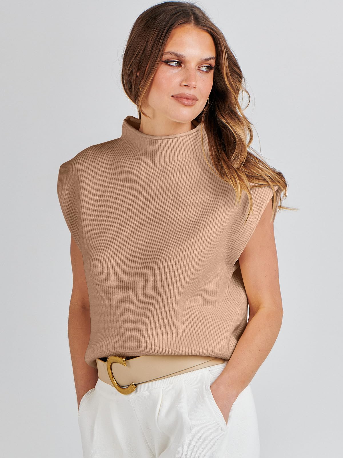 LOGENE Women's Sweater Vest Sleeveless Mock Neck Tank Top Ribbed Knit Cap Sleeve Pullover Sweaters 2023 Fall Trendy Clothes apricot Medium