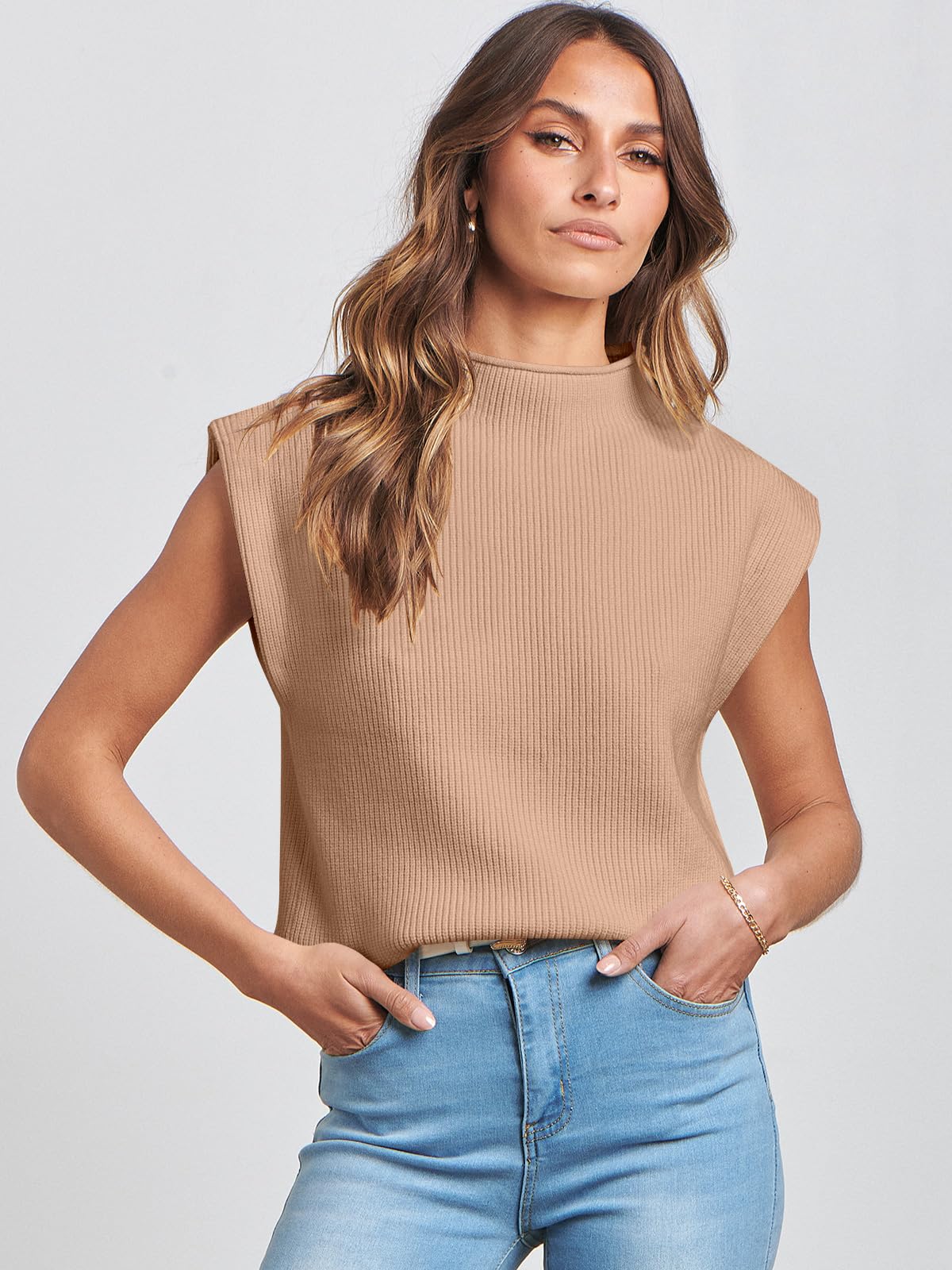 LOGENE Women's Sweater Vest Sleeveless Mock Neck Tank Top Ribbed Knit Cap Sleeve Pullover Sweaters 2023 Fall Trendy Clothes apricot Medium