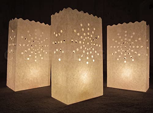 CleverDelights White Luminary Bags - 100 Count - Sunburst Design - Wedding Party Christmas Holiday Luminaria