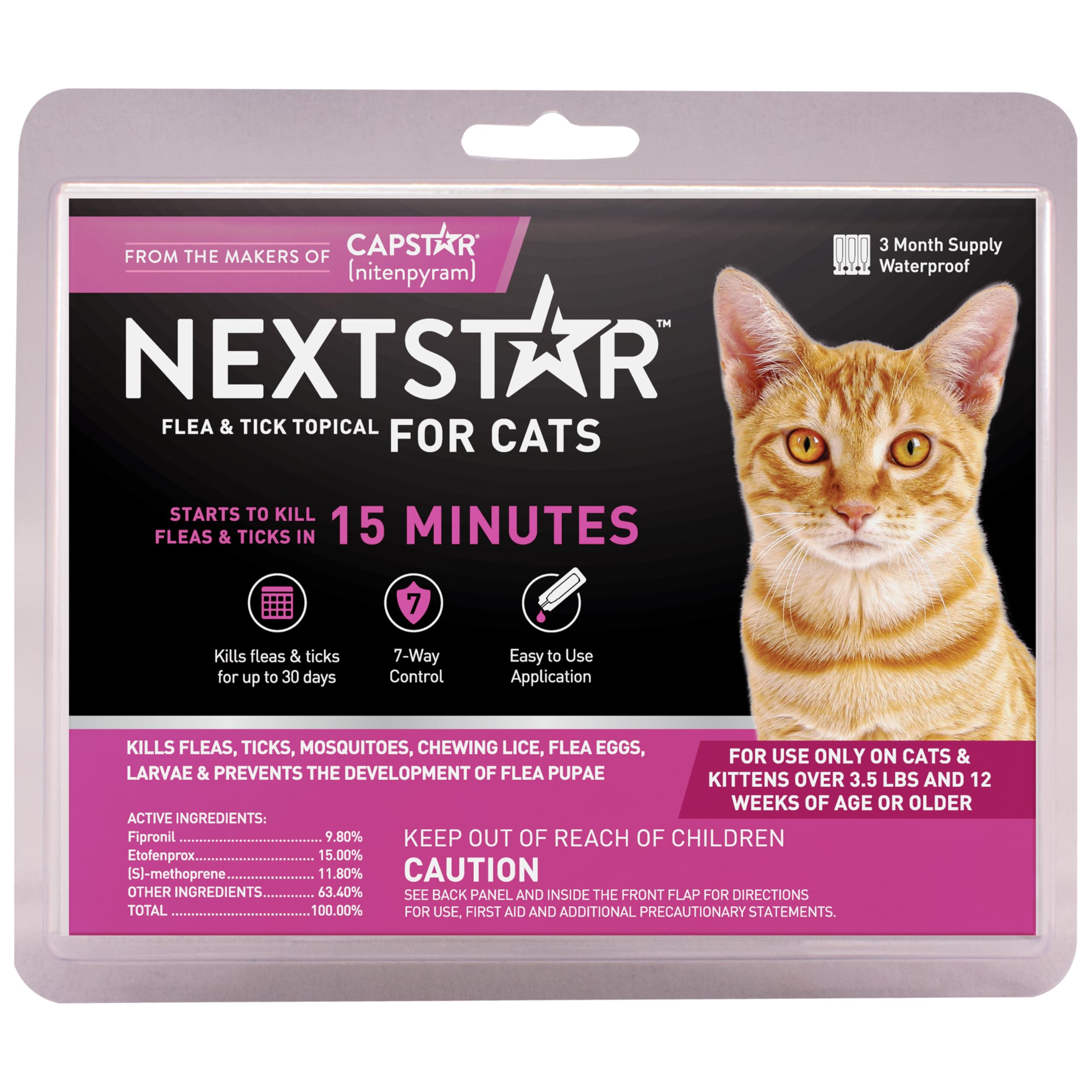 NEXTSTAR Flea and Tick Prevention for Cats, Small Cat and Kitten Treatment & Control, Fast Acting Waterproof Topical Drops, 1 Month Supply