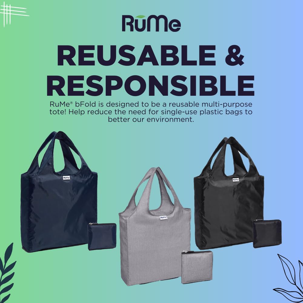 RuMeĀ® Foldable Reusable Grocery Shopping Bag Tote | bFold Medium Tote Bag | Holds 50lbs | Folds into Zipper Pouch | 2 Pack