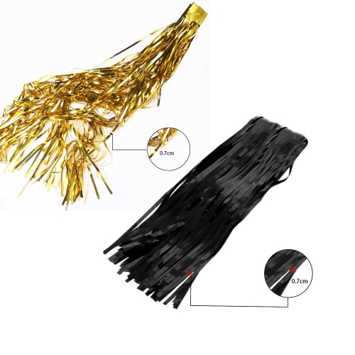 Sharlity 4PCS 3' X 8' Black and Gold Metallic Tinsel Foil Fringe Curtain Backdrop for 2023 New Years Eve, Halloween Party Decoration