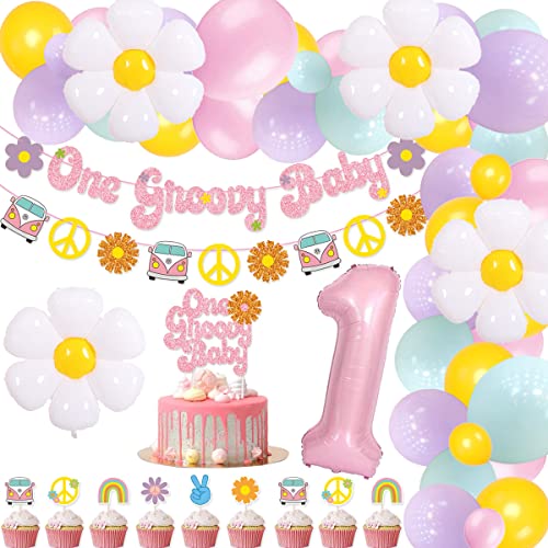 95 Packs One Groovy Baby Birthday Party Kit One Groovy Baby Banner Cake Topper Hippie Cupcake Toppers Daisy Mylar Balloon for Groovy First Birthday Hippie Baby Birthday Party Decorations