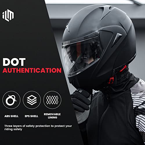 ILM Motorcycle Helmets Modular Dual Visor Flip-up Full Face Street Racing Helmet DOT 5 Colors Model 808 (S, Matte Black)