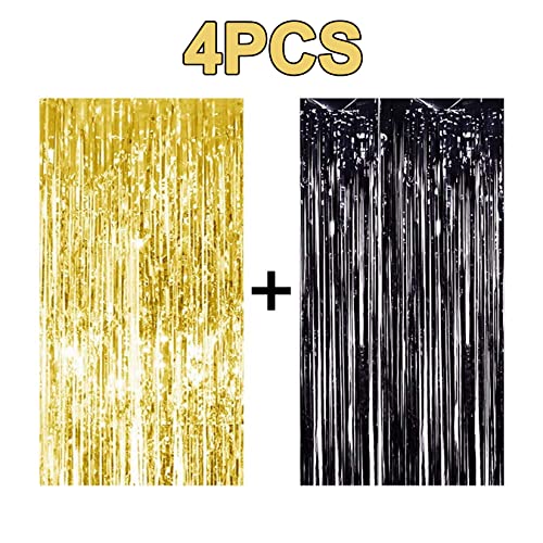 Sharlity 4PCS 3' X 8' Black and Gold Metallic Tinsel Foil Fringe Curtain Backdrop for 2023 New Years Eve, Halloween Party Decoration