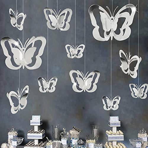 BEISHIDA 3D Silver Butterfly Birthday Decorations Including 3 Sizes Hanging Butterfly Garland for Wedding Baby Shower Garden Themed Tea Party Graduation