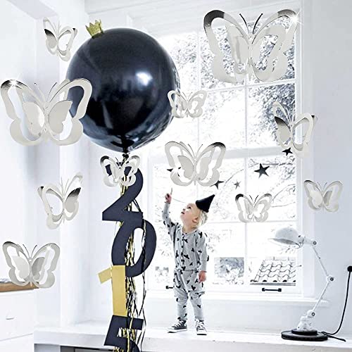 BEISHIDA 3D Silver Butterfly Birthday Decorations Including 3 Sizes Hanging Butterfly Garland for Wedding Baby Shower Garden Themed Tea Party Graduation