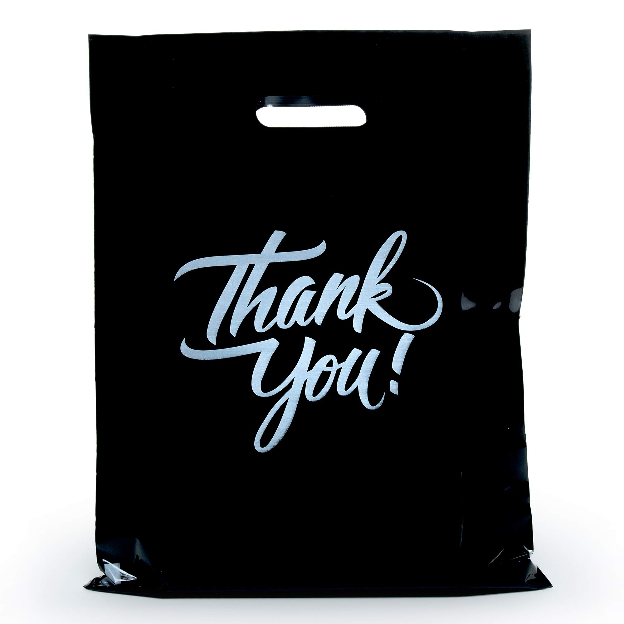 Infinite Pack Black 12"x15"(100pcs) Thank You Merchandise Bags, Die Cut Handles, Retail Shopping Bags for Boutique, Goodie Bags, Gift Bags Bulk, Favors, 1.75 Mil Reusable Plastic Bags