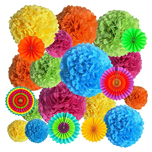 Colorful Paper Party Decorations, 21 Pcs Multi-Color Hanging Paper Fans, Pom Poms Flowers, Premium Material with Vivid Colors, Hanging Décor for Birthday,Wedding,Fiesta ,Mexican Party