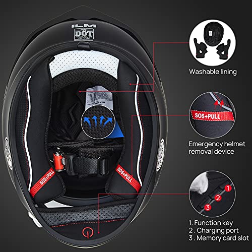 ILM Motorcycle Helmets with Built in Bluetooth Full Face Casco para Moto Dual Visor for Adults Men Women DOT Model-X9(Matte Black,M)