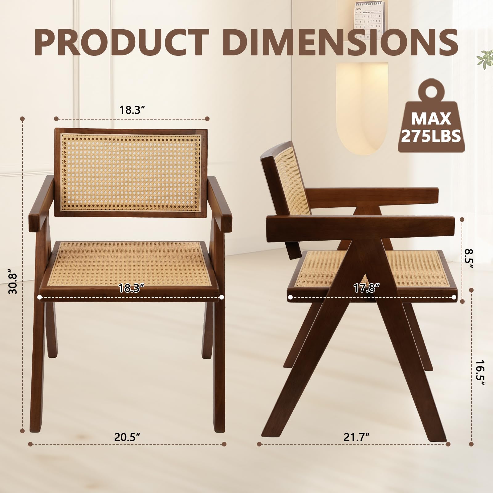 CLATINA Rattan Reading Chairs for Bedroom Comfy Indoor Kitchen Dining Chair with Rattan Backrest Armrest Morden Upholstered Square Seat Chairs for Home Living Room Coffee Wine Bar (2PK)