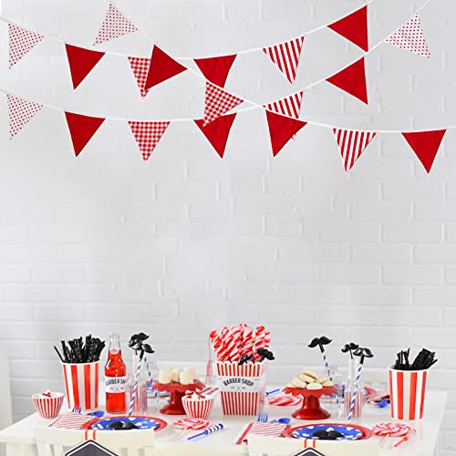 Zwiebeco 32Ft Red White Plaid Stripe Dot Fabric Bunting Banner Triangle Flags Cotton Garland Pennant for Birthday Wedding Engagement Carnival Party Classroom Nursery Home Outdoor Garden Decorations