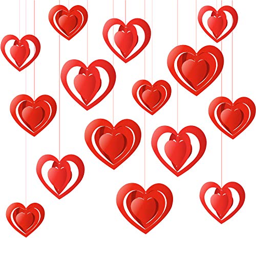 PTFNY 15 Pieces Valentine's Day 3D Heart Hanging Decorations Red Hearts Hanging Ornaments with Red Ribbons Party Supplies for Indoor Outdoor Bridal Shower Anniversary Wedding Party Decorations