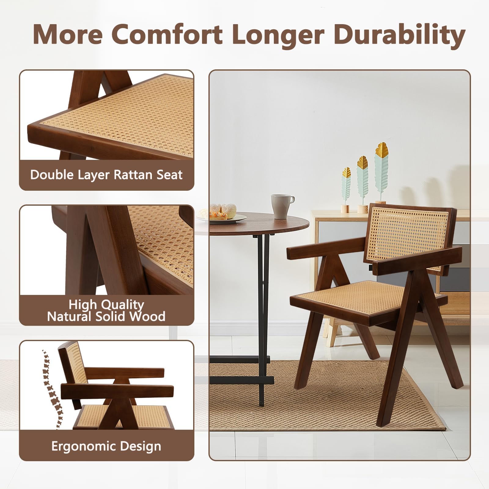 CLATINA Rattan Reading Chairs for Bedroom Comfy Indoor Kitchen Dining Chair with Rattan Backrest Armrest Morden Upholstered Square Seat Chairs for Home Living Room Coffee Wine Bar (2PK)