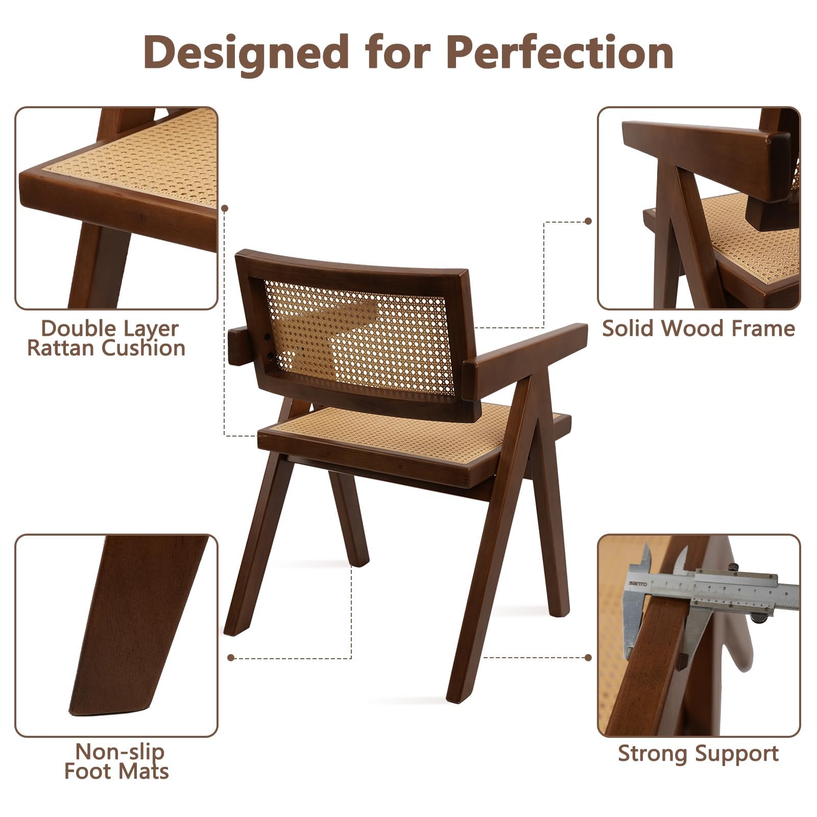 CLATINA Rattan Reading Chairs for Bedroom Comfy Indoor Kitchen Dining Chair with Rattan Backrest Armrest Morden Upholstered Square Seat Chairs for Home Living Room Coffee Wine Bar (2PK)