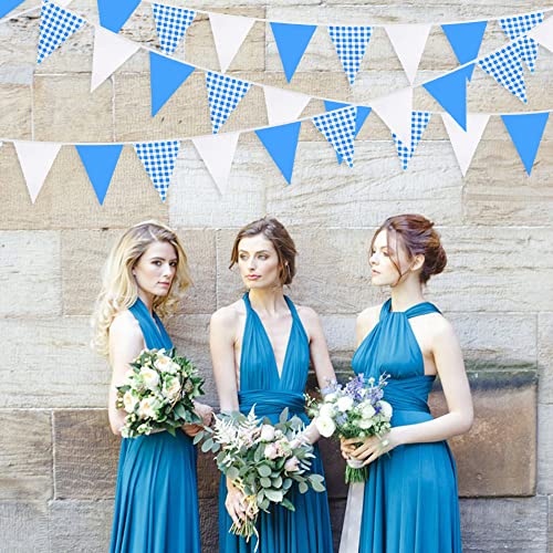 32Ft Blue Party Decorations Blue Buffalo Plaid Checkered White Triangle Flag Gingham Pennant Bunting Fabric Garland for Picnic Racing Car BBQ Birthday Wedding Carnival Party Outdoor Home Garden Decor