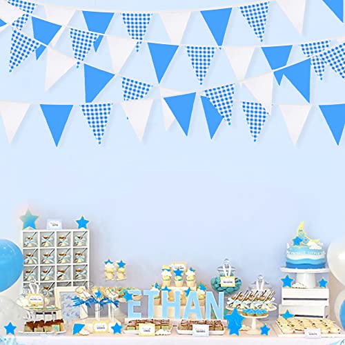32Ft Blue Party Decorations Blue Buffalo Plaid Checkered White Triangle Flag Gingham Pennant Bunting Fabric Garland for Picnic Racing Car BBQ Birthday Wedding Carnival Party Outdoor Home Garden Decor