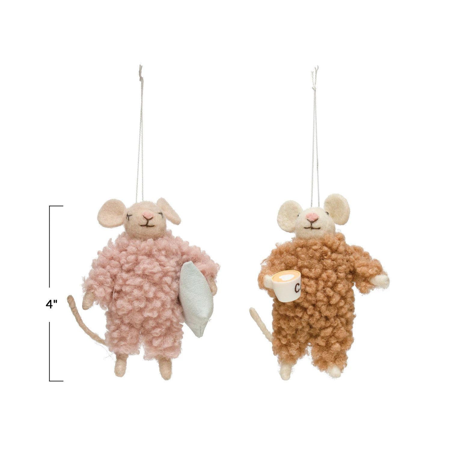 Creative Co-op - Wool Felt Mouse in Pajamas Ornament Set of 2 - XS4050A