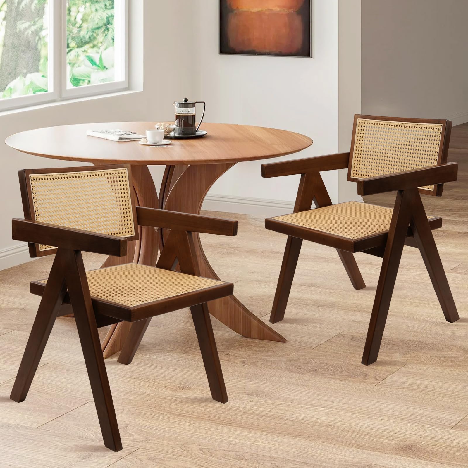 CLATINA Rattan Reading Chairs for Bedroom Comfy Indoor Kitchen Dining Chair with Rattan Backrest Armrest Morden Upholstered Square Seat Chairs for Home Living Room Coffee Wine Bar (2PK)