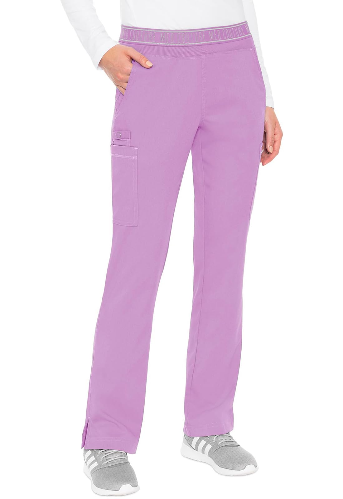 Med Couture Women's Yoga Pull-On Pant with 7 Pockets Ultra-Soft Rib-Knit Waistband and 2-Way Stretch Technology - MC7739, S, Lilac
