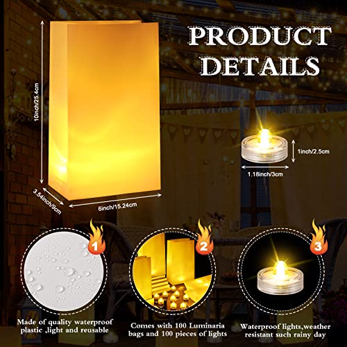 Supervitae 200 Pieces Plastic Luminaria Bags Set Including 100 and LED Waterproof Candle for Christmas Decorations, Hanukkah Lights, Easter, Wedding White