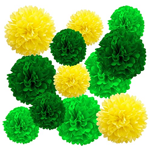 Dark Green and Light Green and Yellow Paper Pom Poms Decorations for Party Ceiling Hanging Tissue Flowers Decorations 12pcs - 2 Color of 10 Inch, 12 Inch