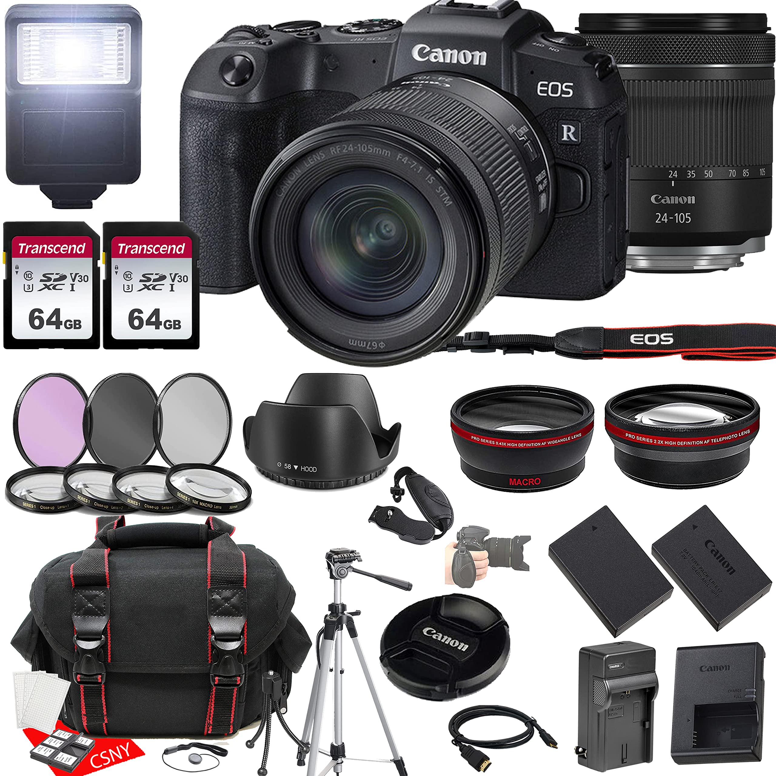 Canon EOS RP Mirrorless Camera w/RF 24-105mm f/4-7.1 is STM Lens + 2X 64GB Memory + Hood + Case + Filters + Tripod + More (35pc Bundle) (Renewed)