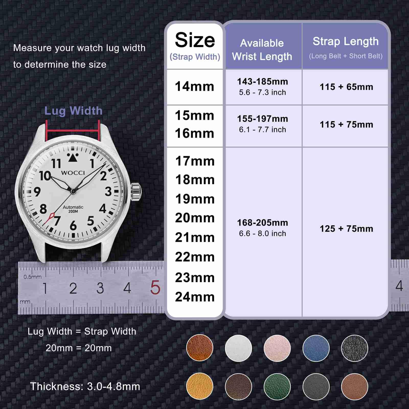 WOCCI 20mm Vintage Leather Watch Band for Men and Women, Silver Buckle (Dark Brown/Contrasting Stitch)