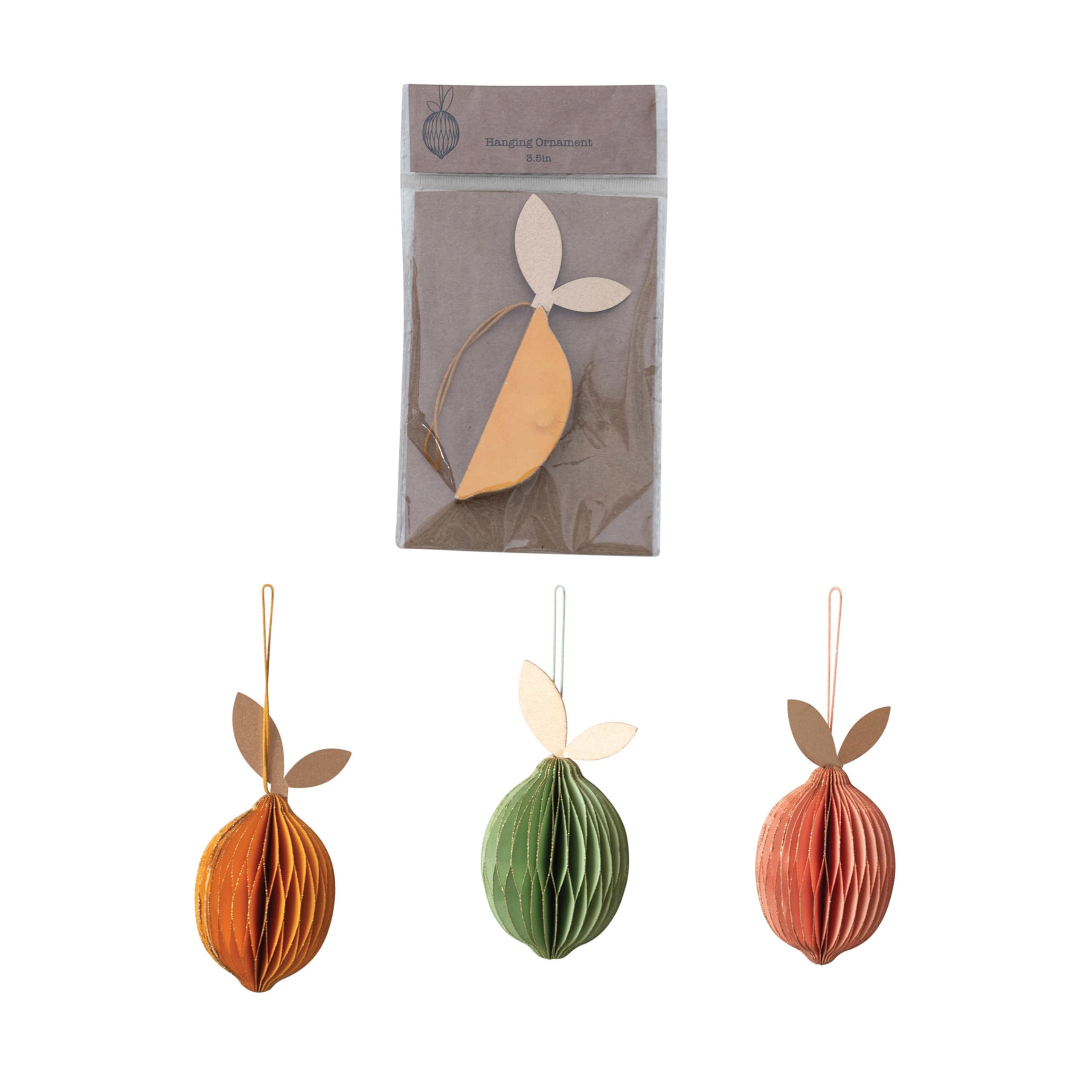 Creative Co-Op Handmade Recycled Paper Folding Honeycomb Lemon Ornament with Glitter, Set of 3 Colors
