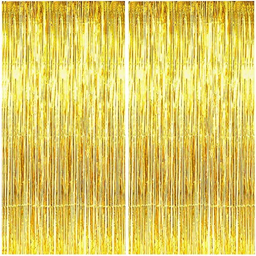 BEISHIDA 2 Pack Foil Fringe Curtain,Gold Tinsel Metallic Curtains Photo Backdrop Streamer for Party Door Wall Curtain Wedding Birthday Bachelorette New Year Decorations(3.28 ft x 6.56 ft)