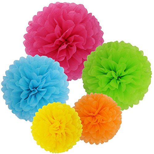 SOOKOO 15 Pcs Paper Pom Poms in 14 Inch, 12 Inch, 10 Inch Assorted Rainbow Colors Paper Flowers Balls for Birthday Wedding Party Baby Shower Celebration and Outdoor Decorations