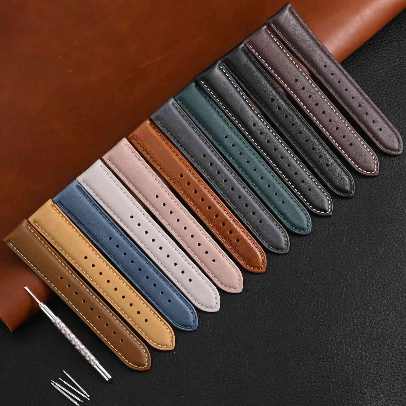 WOCCI 20mm Vintage Leather Watch Band for Men and Women, Silver Buckle (Dark Brown/Contrasting Stitch)