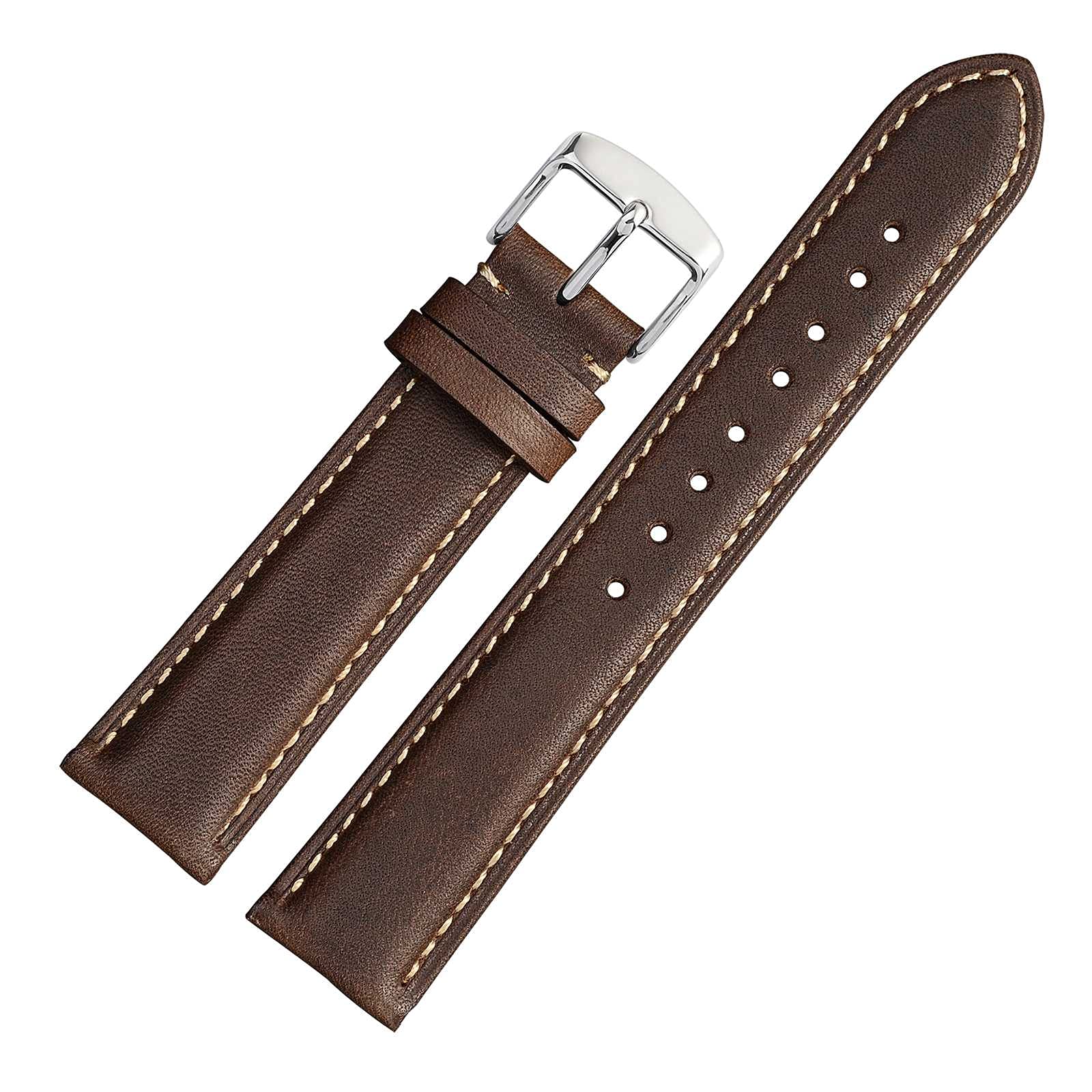 WOCCI 20mm Vintage Leather Watch Band for Men and Women, Silver Buckle (Dark Brown/Contrasting Stitch)
