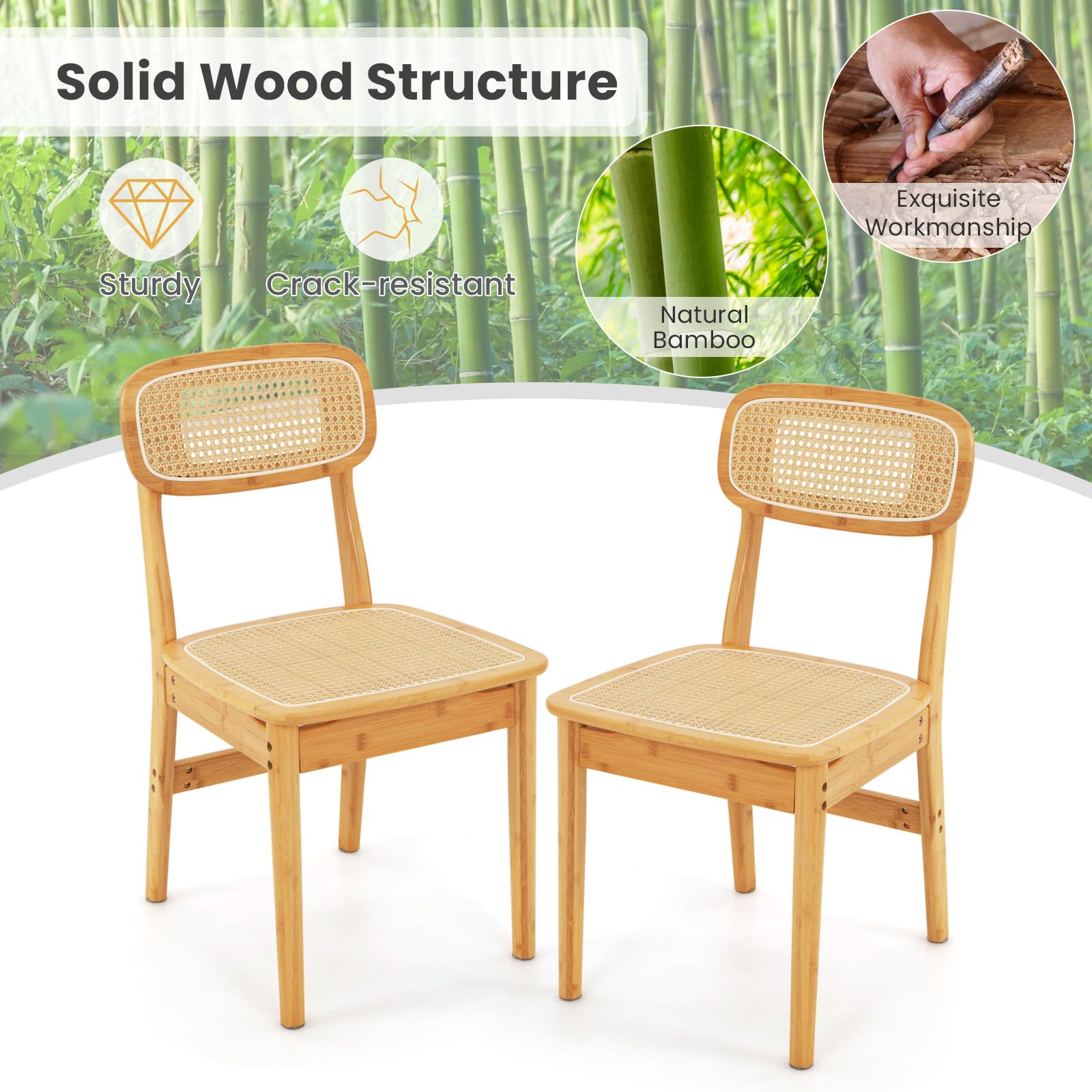 Giantex Rattan Dining Chairs Set of 2, Boho Cane Kitchen Chairs, Max Load 300 Lbs, Bamboo Armless Dining Room Chairs