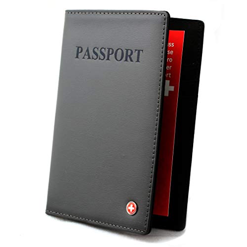 Sotania - Swiss Leather Passport and Credit Card Holder Case RFID Blocking Cover Travel Document Organizer Wallet Gift for Men, Women (Grey)