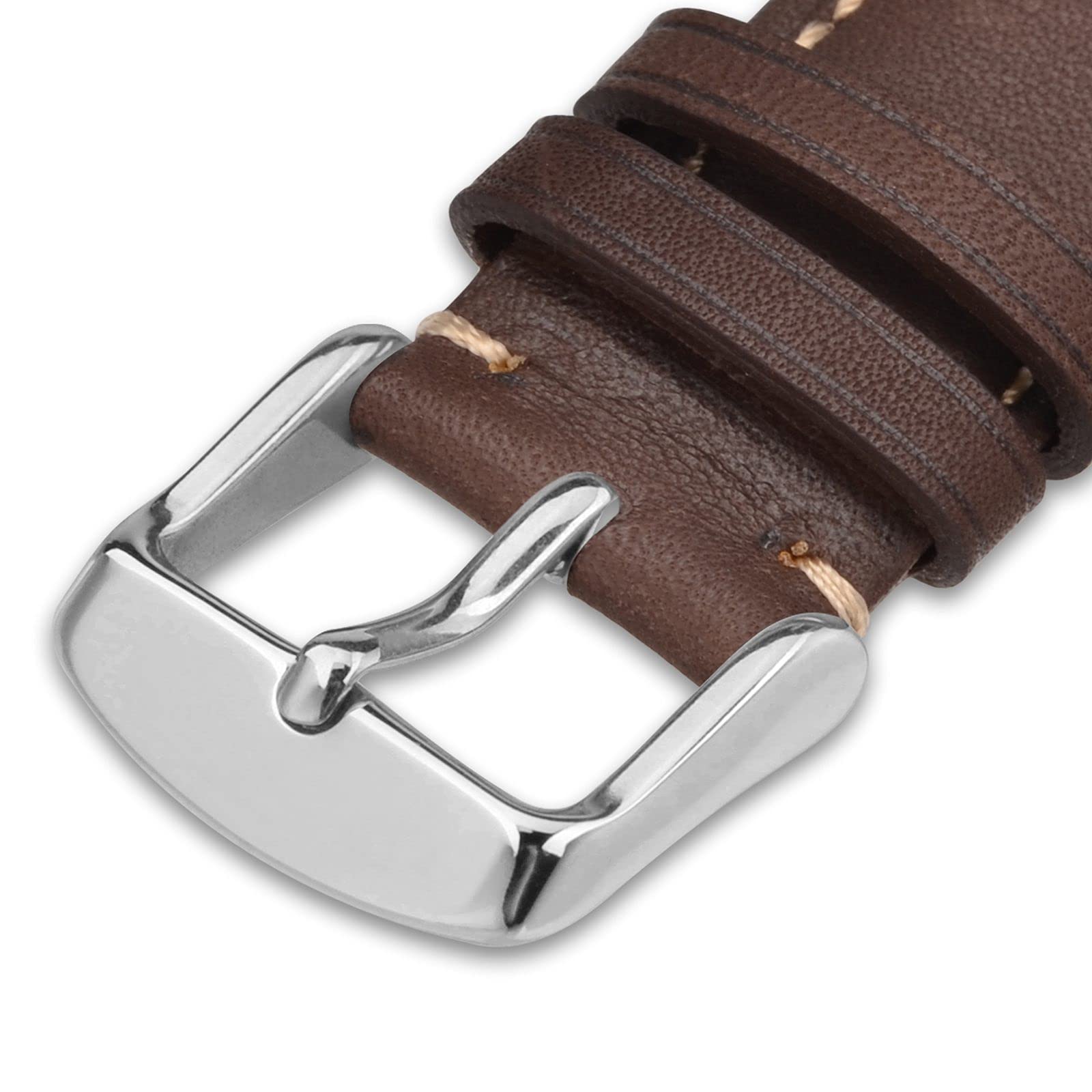 WOCCI 20mm Vintage Leather Watch Band for Men and Women, Silver Buckle (Dark Brown/Contrasting Stitch)