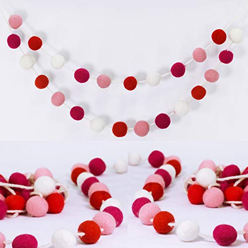 Supla 6' Long Pom Pom Garland 24 Pcs 1" Diameter Wool Felt Balls Garland Strand Red Pink Rose White Ball Garland Valentine's Day Party Garland Tree Garland for Mantel Wall Child's Room Nursery Décor