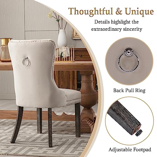 civama Velvet Dining Chairs Set of 6, Upholstered Tufted Dining Chairs with Nailhead Trim Back Pull Ring, Nikki Collection Elegant Armless Kitchen Chair with Solid Wood Legs, Beige