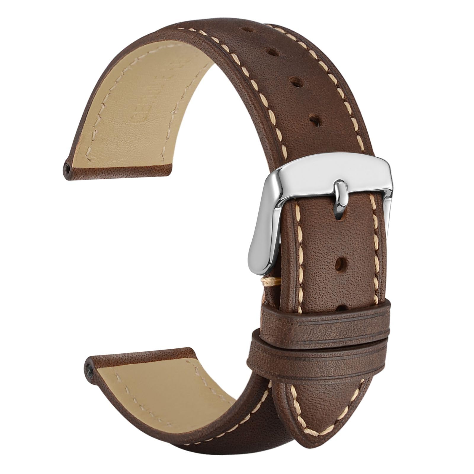 WOCCI 20mm Vintage Leather Watch Band for Men and Women, Silver Buckle (Dark Brown/Contrasting Stitch)