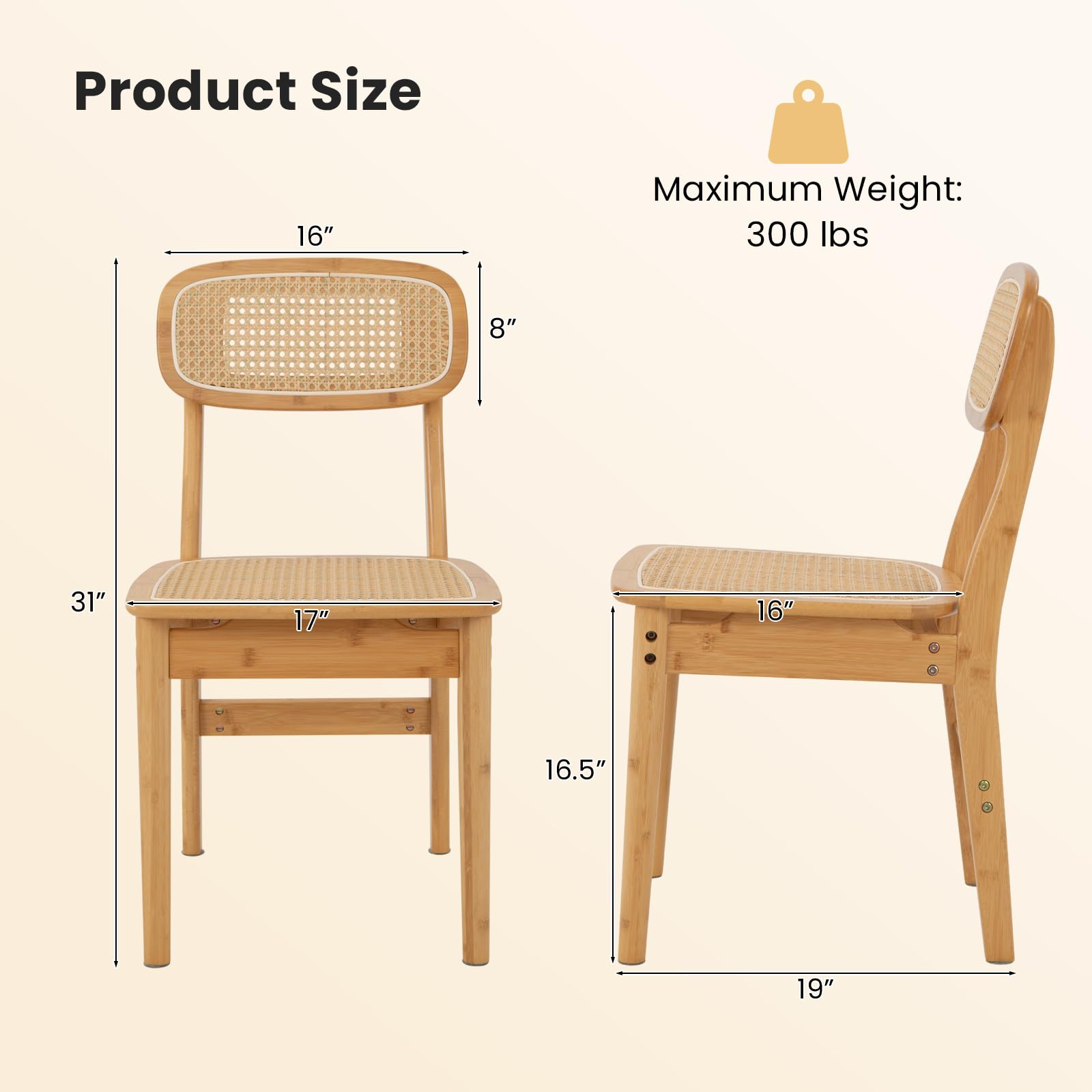 Giantex Rattan Dining Chairs Set of 2, Boho Cane Kitchen Chairs, Max Load 300 Lbs, Bamboo Armless Dining Room Chairs