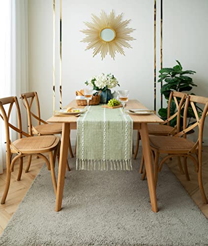 ZeeMart Farmhouse Table Runner, Rustic Table Runners 72 Inches Long, Linen Boho Table Runner, Braided Striped Green Table Runner for Dining Party Holiday, 15x72 Inches, Hollow Grass Green