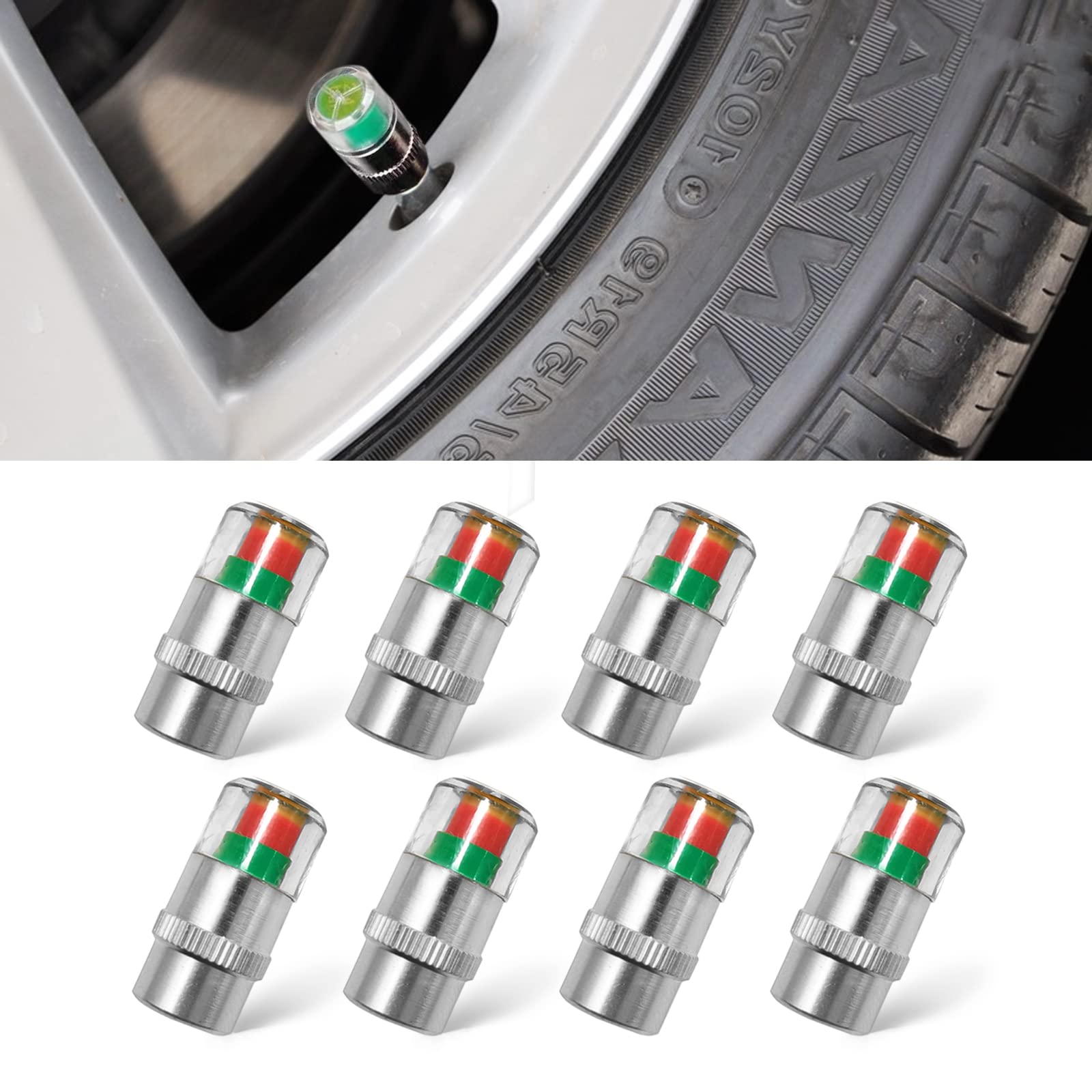 8pcs Universal 32PSI Car Tire Pressure Monitor Valve Stem Caps Sensor Indicator, 3 Colors Alarm Tire Indicator