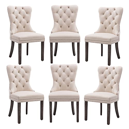 civama Velvet Dining Chairs Set of 6, Upholstered Tufted Dining Chairs with Nailhead Trim Back Pull Ring, Nikki Collection Elegant Armless Kitchen Chair with Solid Wood Legs, Beige