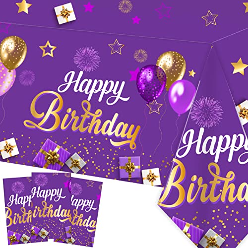 ssailue decor 3Pcs Happy Birthday Tablecloth Purple and Gold Birthday Decorations for Girls Women Disposable Plastic Rectangular Table Covers 43”x 70” for Birthday Party Supplies