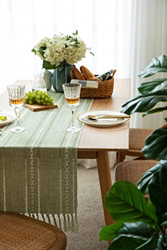ZeeMart Farmhouse Table Runner, Rustic Table Runners 72 Inches Long, Linen Boho Table Runner, Braided Striped Green Table Runner for Dining Party Holiday, 15x72 Inches, Hollow Grass Green