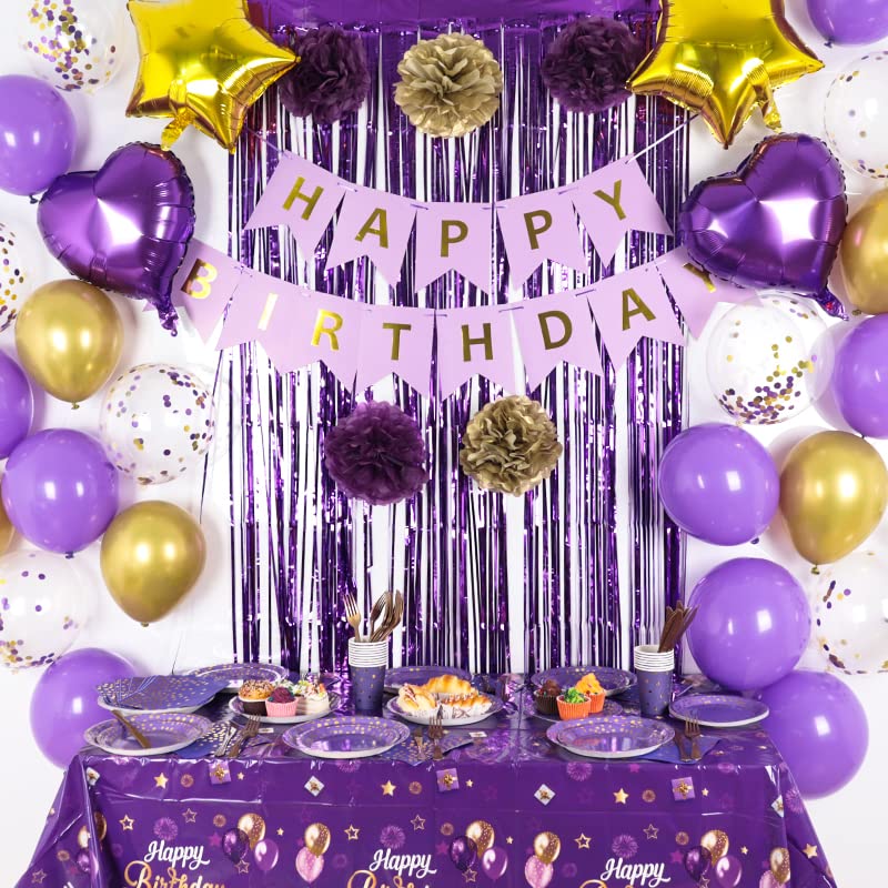 ssailue decor 3Pcs Happy Birthday Tablecloth Purple and Gold Birthday Decorations for Girls Women Disposable Plastic Rectangular Table Covers 43”x 70” for Birthday Party Supplies