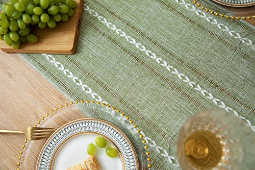 ZeeMart Farmhouse Table Runner, Rustic Table Runners 72 Inches Long, Linen Boho Table Runner, Braided Striped Green Table Runner for Dining Party Holiday, 15x72 Inches, Hollow Grass Green