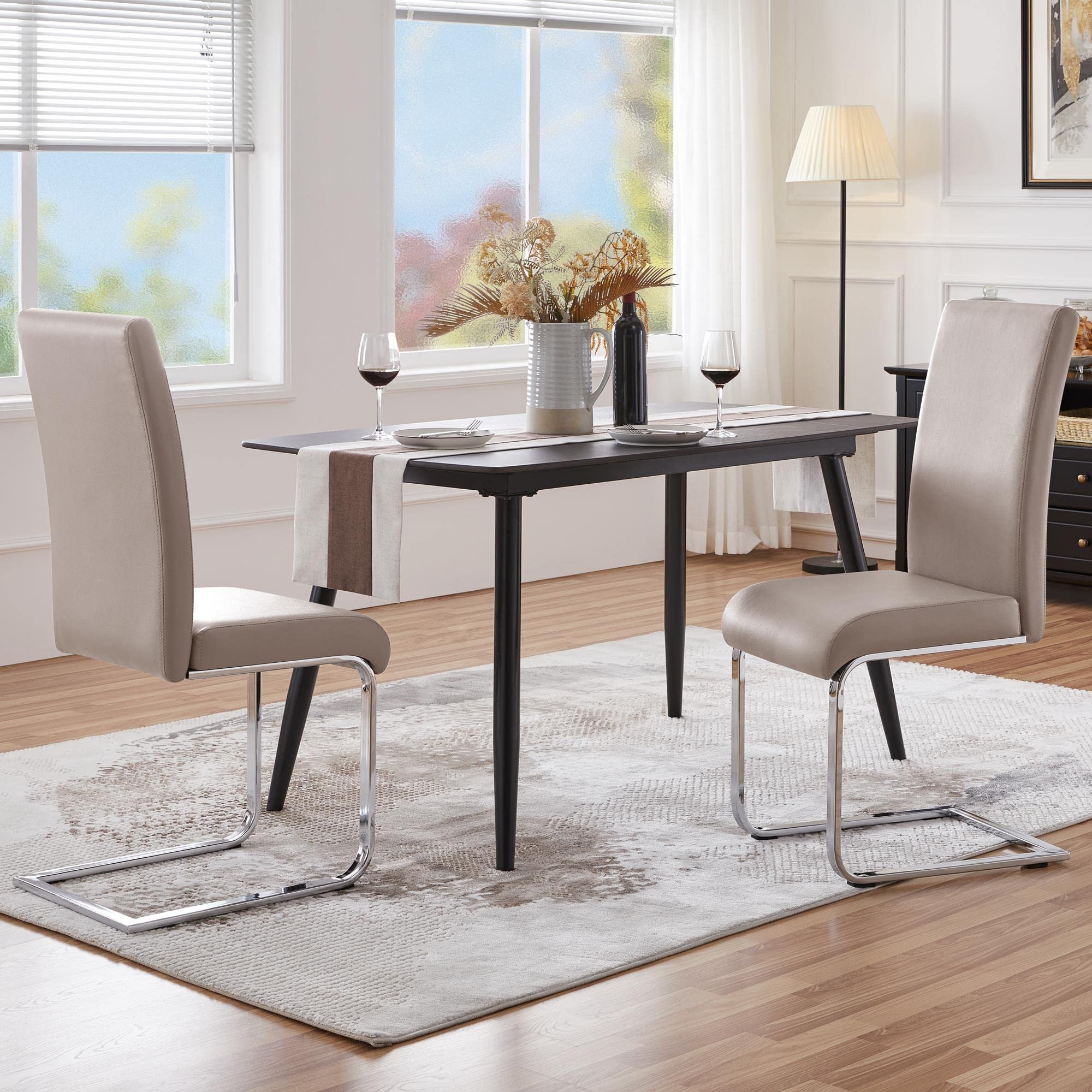 Yaheetech Dining Chairs High Back Leather Side Chairs Dining Living Room Chairs Upholstered Armless Chair with Metal Legs Home Kitchen Furniture Modern, 1 Package of 2pcs, Light Brown
