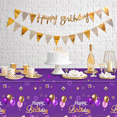 ssailue decor 3Pcs Happy Birthday Tablecloth Purple and Gold Birthday Decorations for Girls Women Disposable Plastic Rectangular Table Covers 43”x 70” for Birthday Party Supplies